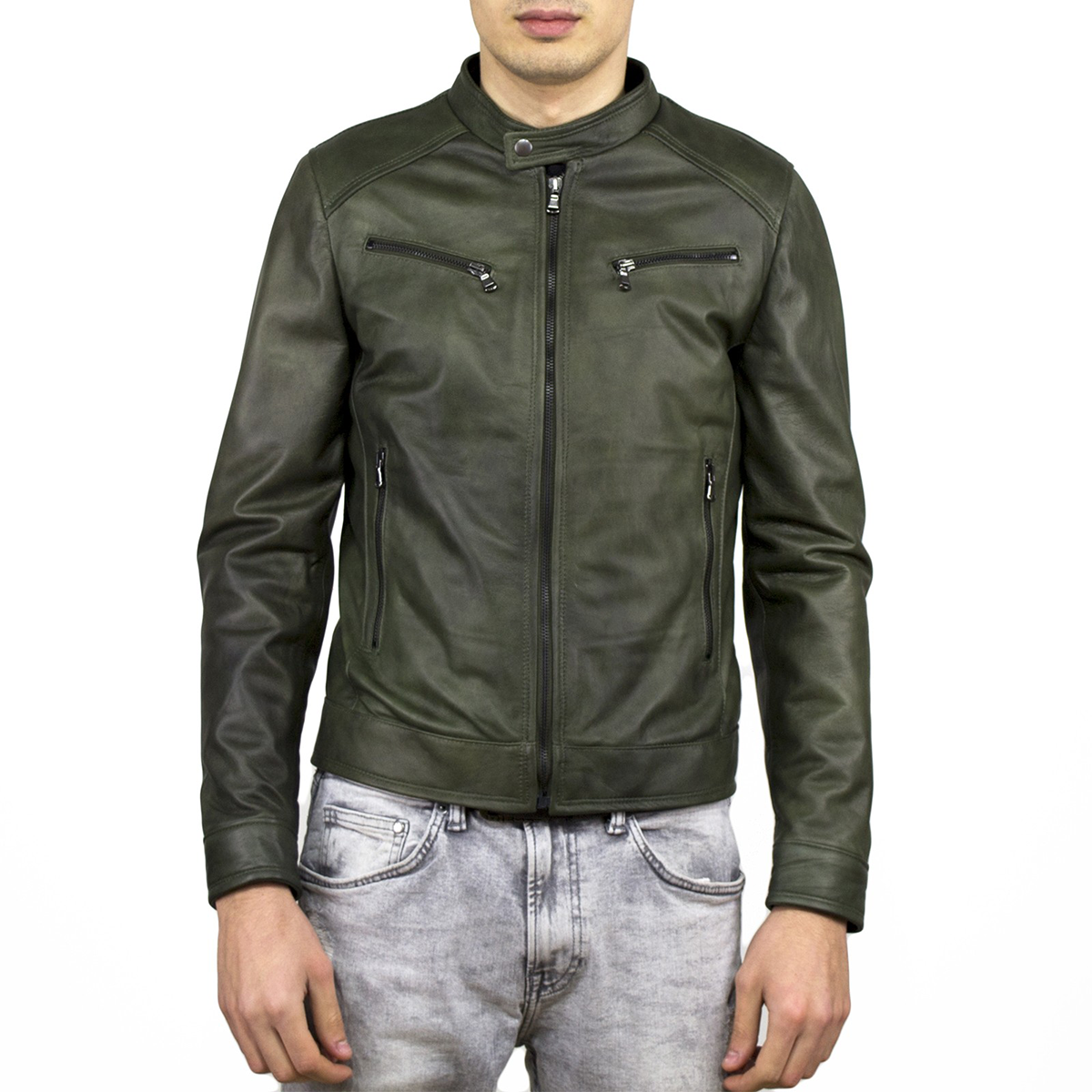 Vendita online U06, giacca da uomo in vera pelle, colore verde